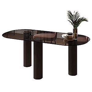 LAKIQ Contemporary Transparent Tempered Glass Dining Room Table Modern Minimalist Living Room Table with 3 Wood Roman Column Legs Small Apartment Kitchen Dining Table(Black, 51.2"L x 29.5"W x 29.5"H)