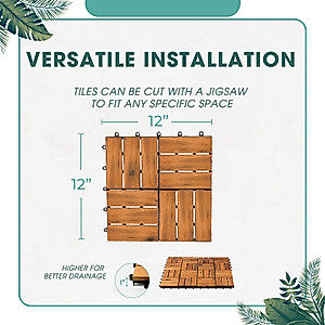Idzo Interlocking Deck Tiles - 10PCS Waterproof Acacia Wood Patio Tiles, Flooring Tiles for Both Indoor and Outdoor - Decking Checker Pattern, 12 x 12 x 0.9 Inches, Golden Teak