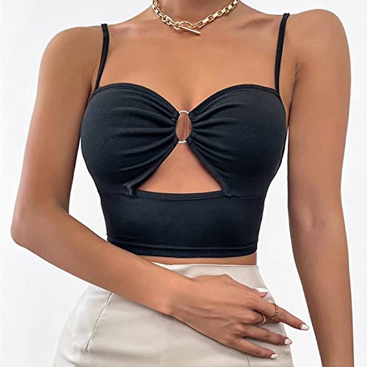 Women's Sexy Sleeveless V Neck Plunging Camisole Basic Solid Color Hollow Out Y4k Cropped Tank Top Slim Bustier Bras Black