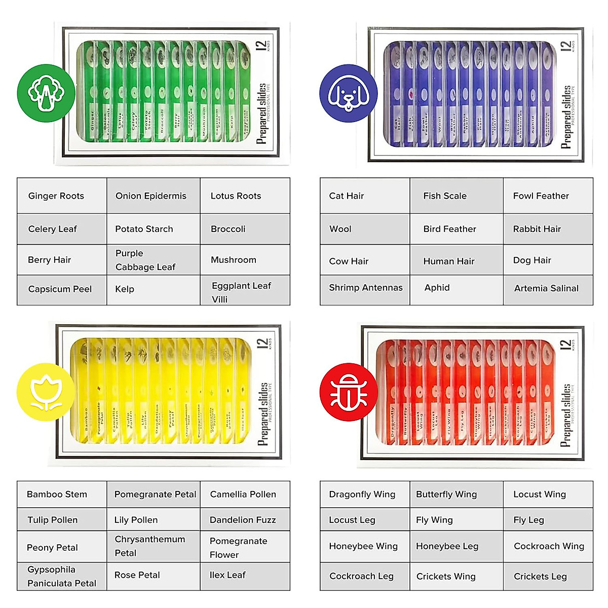 AOTRUTII Prepared Microscope Slides for Kids, 48Pcs Plastic Animals Plants Flowers Microscope Sample Slides, Ideal for Kids Students