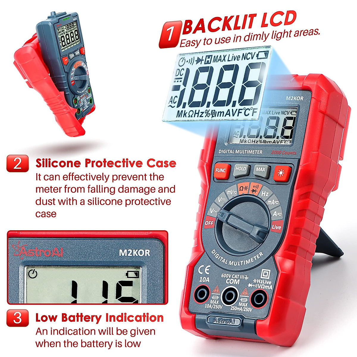 AstroAI M2K0R Digital Multimeter with DC AC Voltmeter and Auto Ranging Tester ; Measures Voltage, Current, Capacitance; Tests Live Wire, Continuity