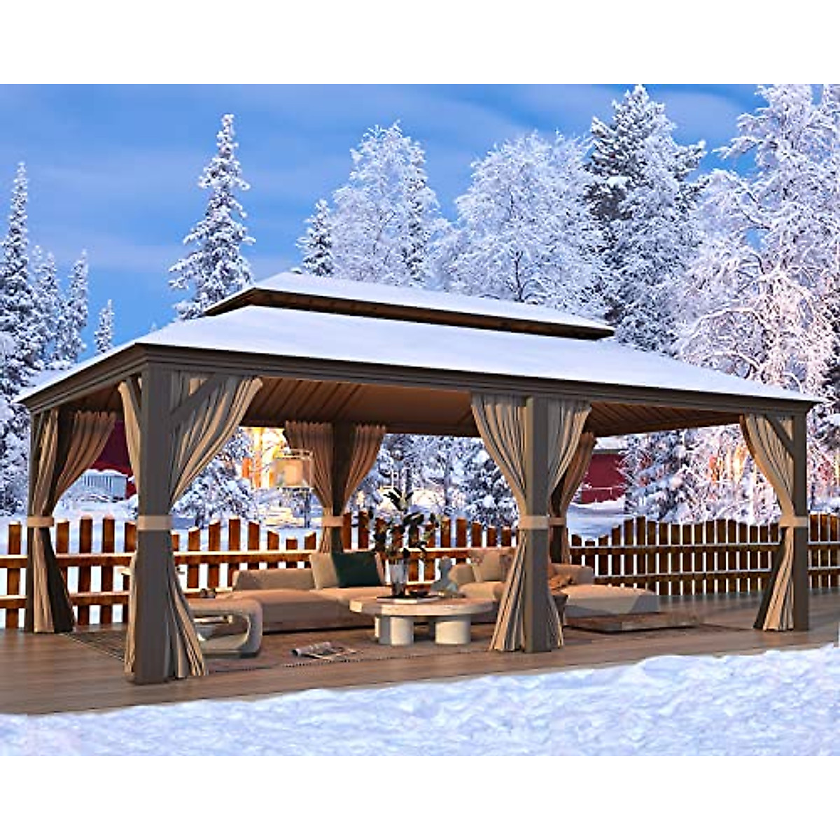 MELLCOM 12' x 20' Hardtop Gazebo,Galvanized Steel Metal Double Roof Gazebo with Curtain and Netting,Brown Permanent Pavilion Gazebo with Aluminum Frame for Patios,Gardens,Lawns