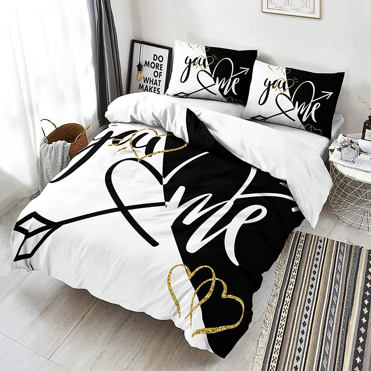AILONEN Couple You and Me Duvet Cover Set Queen Size,3 Pieces Black and White Comforter Cover Set,Love Hearts Print Quilt Cover with 2 Pillowcases