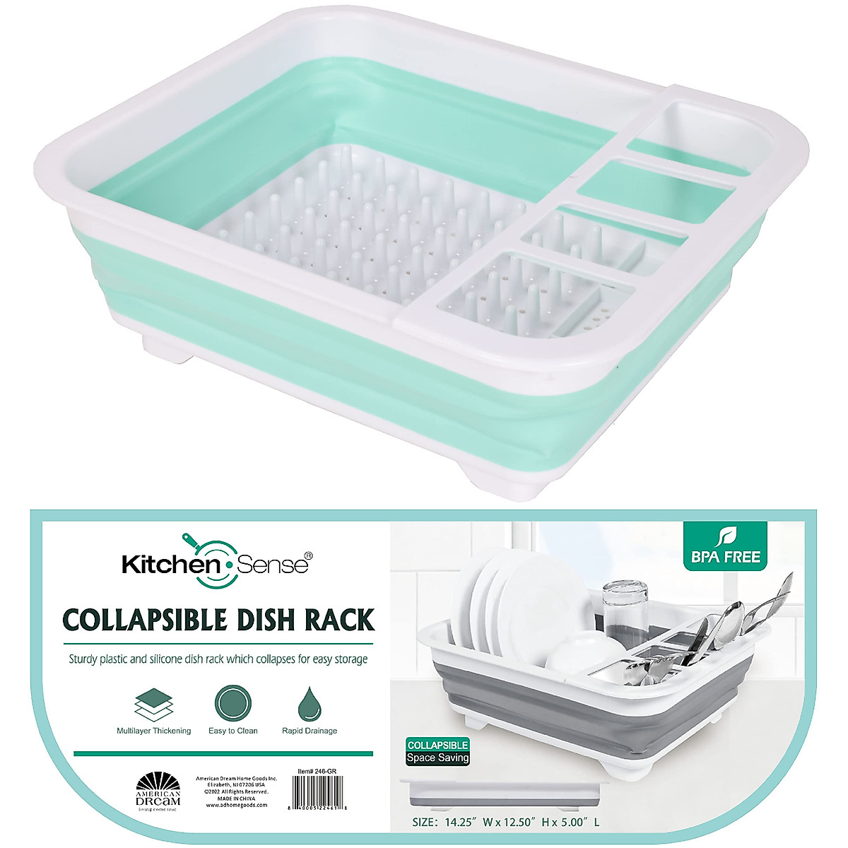 J&V TEXTILES Collapsible Dish Drying Rack - Popup for Easy Storage, Drain Water Directly into The Sink, Room for Eight Large Plates, Sectional Cutlery and Utensil Compartment, Compact (Blue)