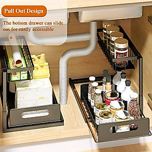 Under Sink Organizers and Storage Pull Out Cabinet Organizer and Storage Metal 2 Tier Under Sink Drawer Organizer Bottom Drawer Slide Out Under Sink Storage Shelf For Kitchen Bathroom, Black