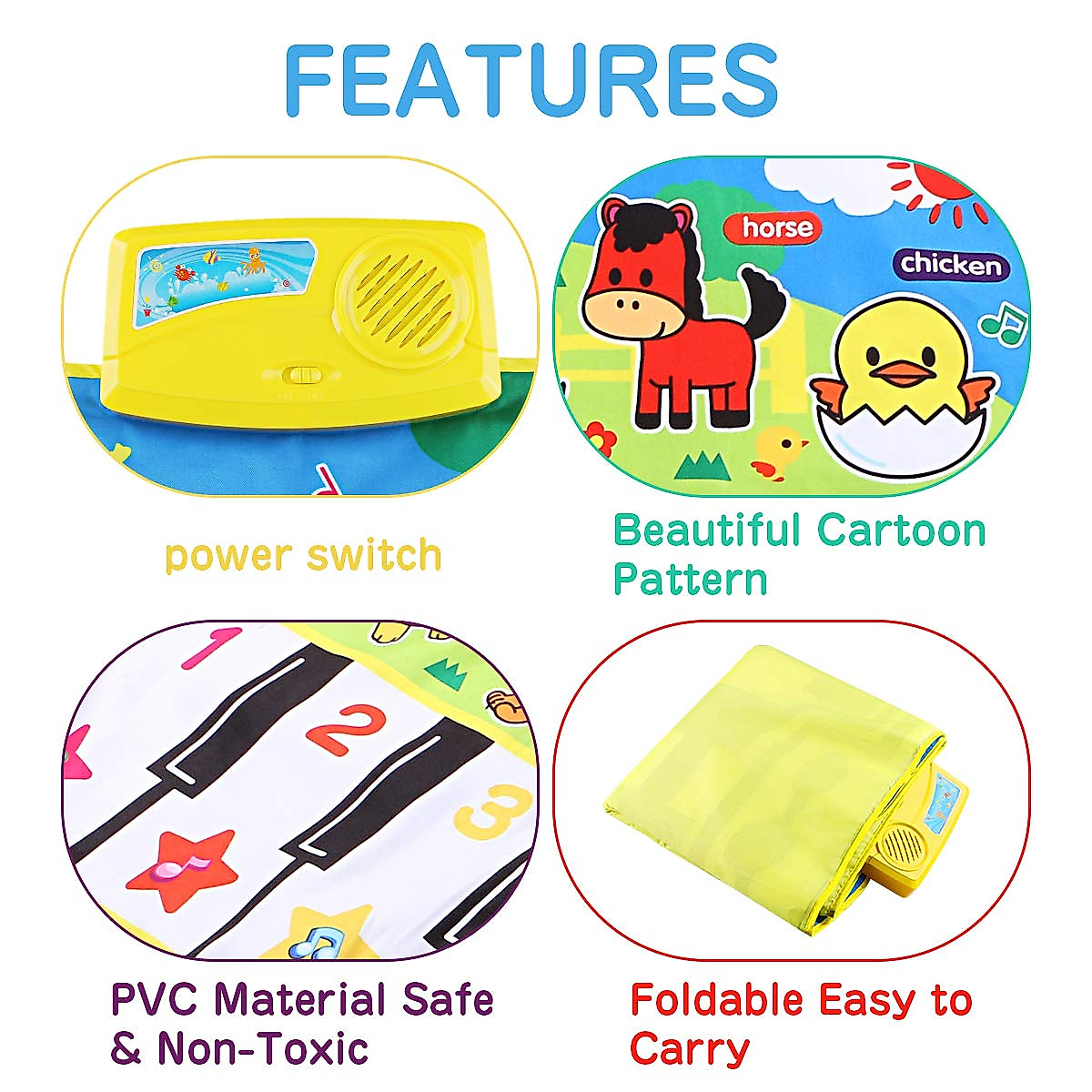 WOSTOO Piano Mat, Musical Piano Mat Keyboard Play Mat Portable Musical Blanket Instrument Toy with 8 Animal Sounds Dance Mat Educational Toy Gift for Kids Toddler Girls Boys