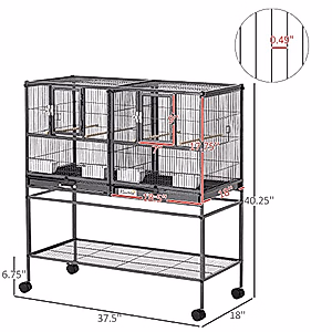 PawHut Divided Breeder Bird Cage with Rolling Stand Removable Metal Tray, Storage Shelf, Wood Perch, and Food Container