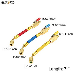 R134A R410A R22 R12 Charging Hoses and Ball Valve Set, 3 Pcs Color Coded Hoses/w Ball Valve 1/4" SAE Thread (7" Long) for AC HVAC Maintenance Kit and Air Condition Refrigeration Charging Tools