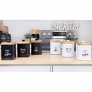 AuldHome Farmhouse Black Enamelware Canisters (Set of 3); Storage Containers for Coffee, Tea and Sugar in Black Enamel and Wood Design