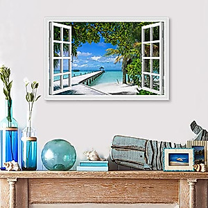 Window Beach Picture Canvas Wall Art Ocean Palm Tree Maldives Nature Landscape with Framed Living Room Blue Decor 36x24