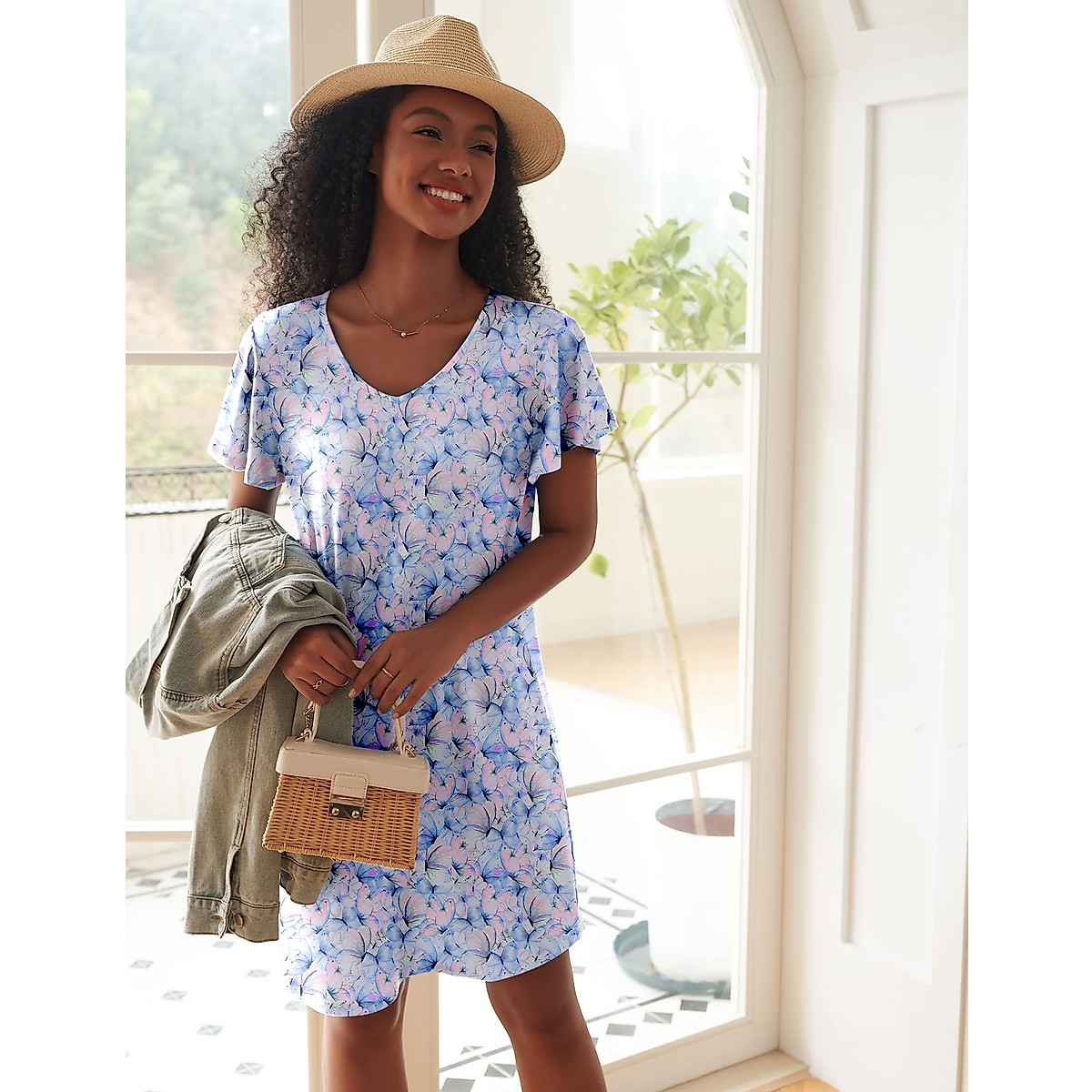 Ekouaer 2 Pack Nightgowns for Women Flare Short Sleeve Sleepshirt V Neck Sleepwear Pajama Dress Leopard+Butterfly XL