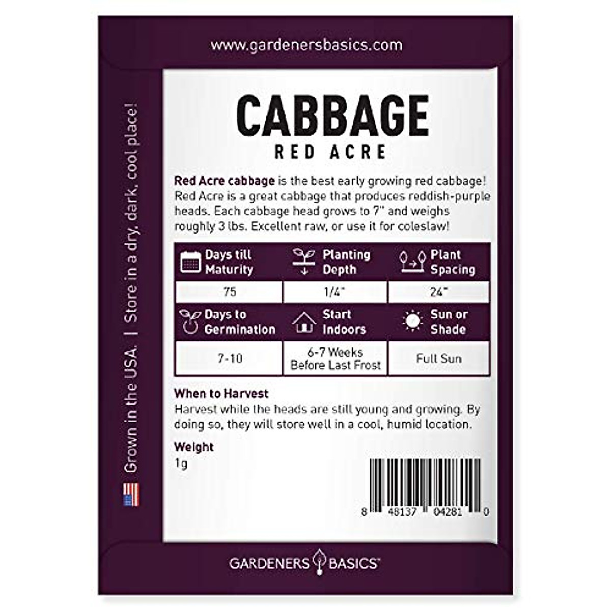 Cabbage Seeds for Planting - Red Acre Heirloom, Non-GMO Vegetable Variety- 1 Gram Seeds Great for Summer, Spring, Fall and Winter Gardens by Gardeners Basics