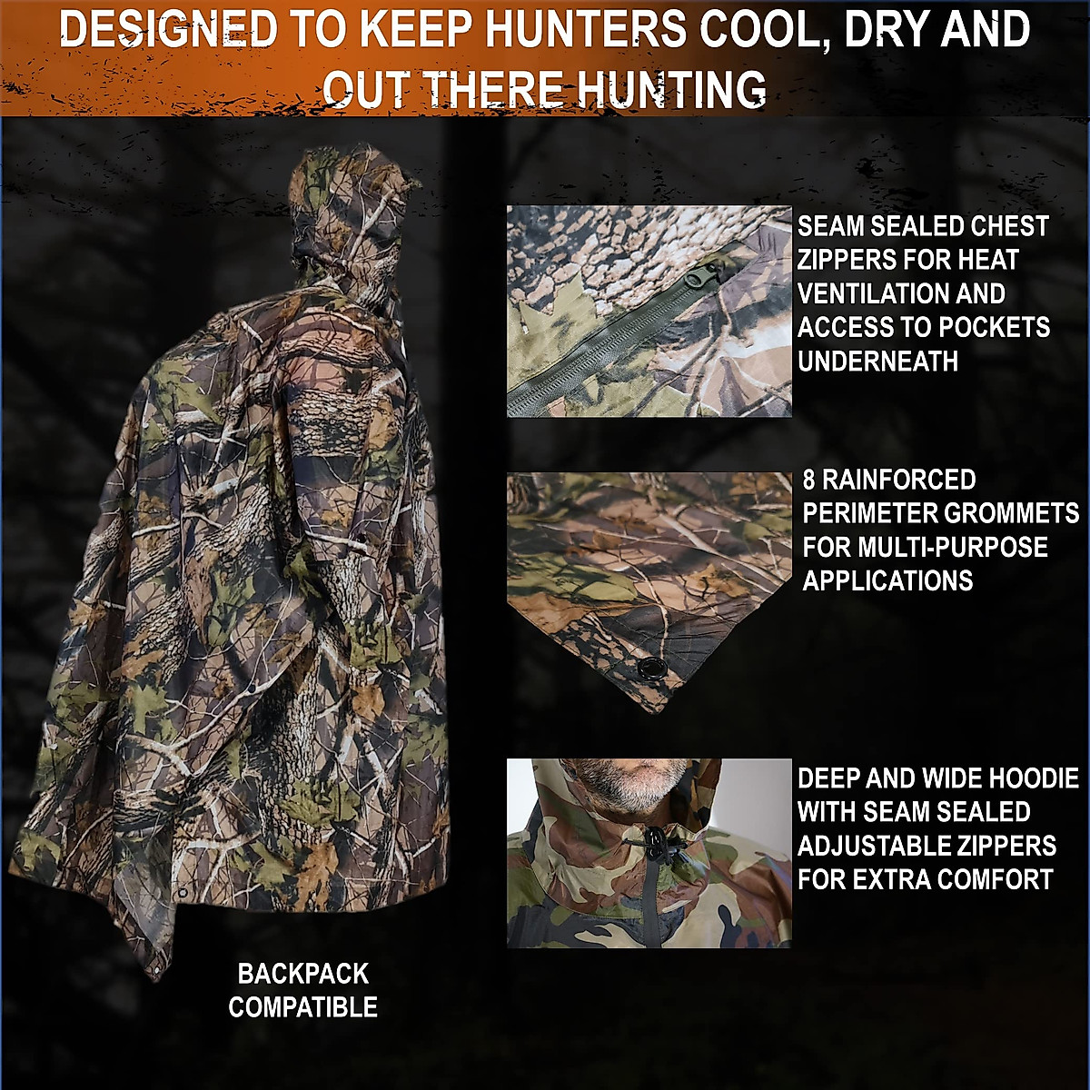 Rain Poncho for Men with Carry Pack - Waterproof Camo Ponchos for Adults with Hood, Extended Back, Adjustable Ventilation