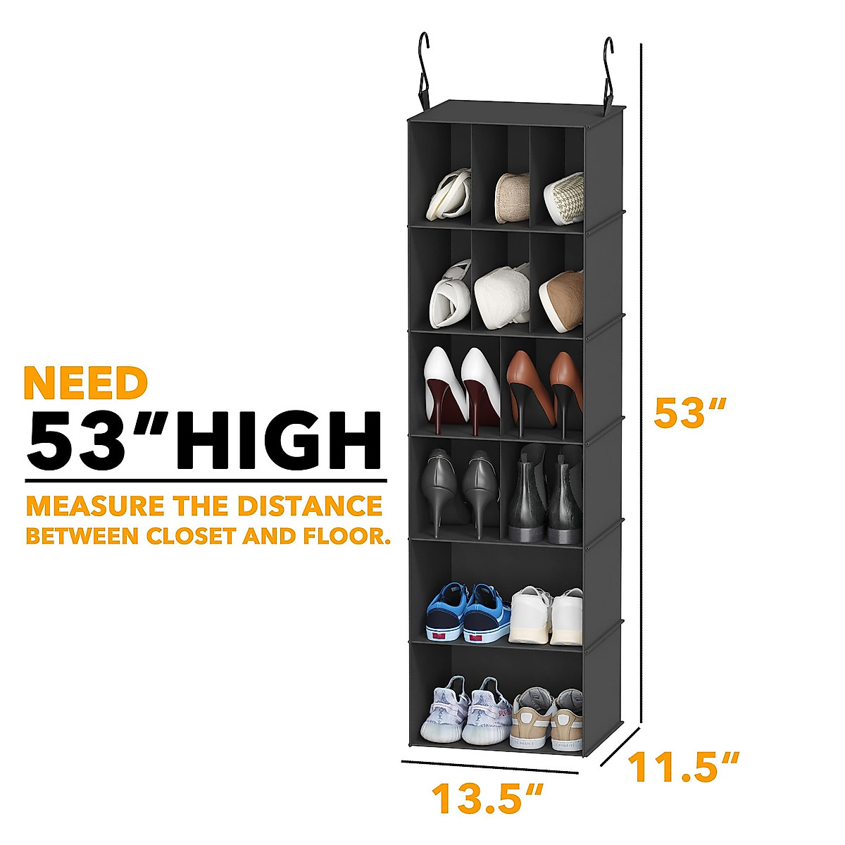 SpaceAid 2 Pack Hanging Closet Organizer and Storage with Dividers, 24 Compartments Hanging Shoe Shelves for Closet, Wardrobe, RV, Garment Rack - Black