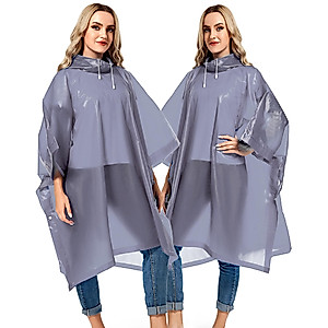 Borogo 2 Pack Rain Ponchos for Adults Reusable - Raincoats Survival Emergency Heavy Duty Rain Coat with Drawstring Hood Grey