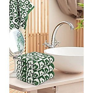 Hand Towels Checkered Floral - Set of 4 Soft Face Towels for Bathroom, Large Size 13” x 29”, Dark Olive Green