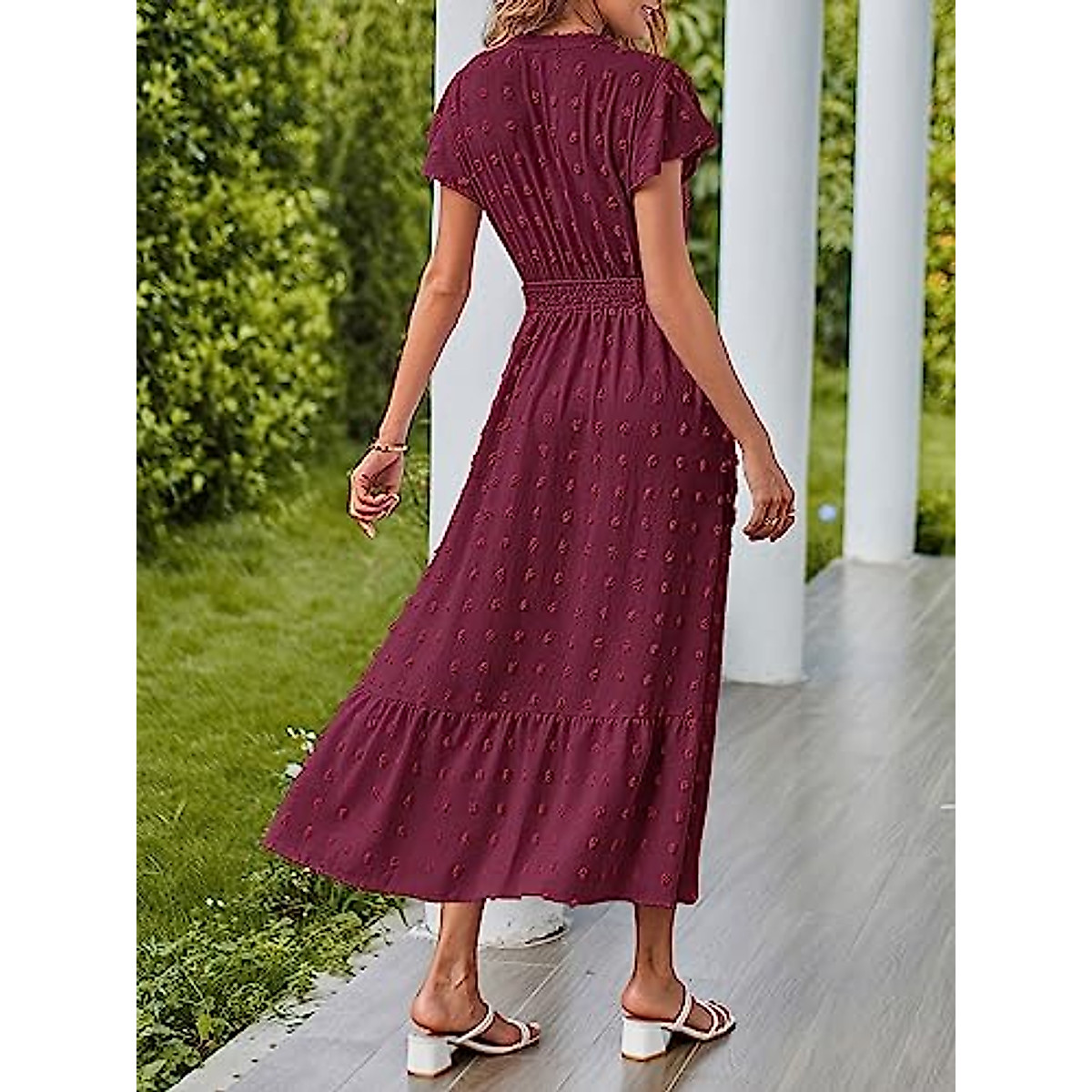 MEROKEETY Summer Short Sleeve Vneck Wedding Dress Swiss Dot Flowy A Line Tiered Maxi Dresses Burgundy Medium