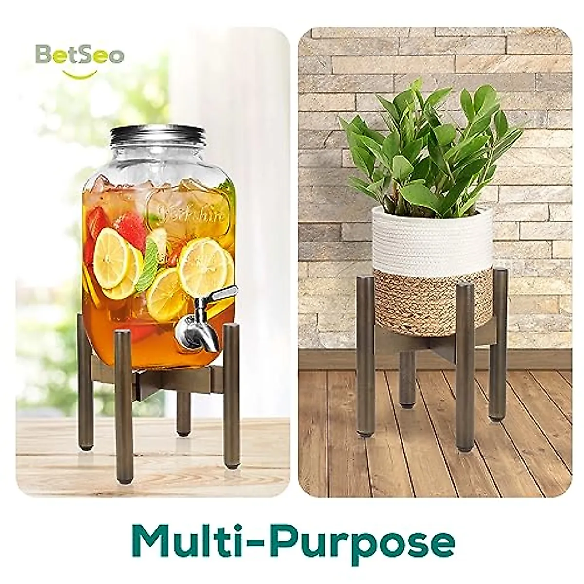 BETSEO Drink Dispenser Stand - Beverage Jar and Water Plastic Jug Holder - to plant flower pots - Adjustable up to10-inch Wide (Water Dispenser-Walnut)