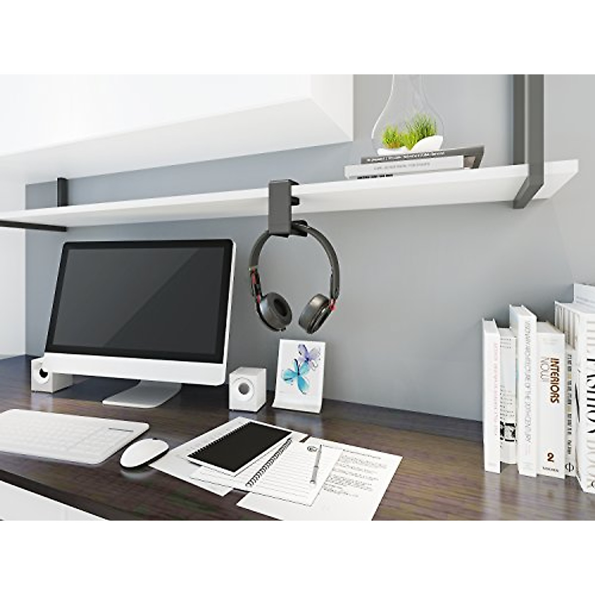 PC Gaming Headset Headphone Hook Holder Hanger Mount, Headphones Stand with Adjustable & Rotating Arm Clamp, Under Desk Design, Universal Fit, Built in Cable Clip Organizer EURPMASK