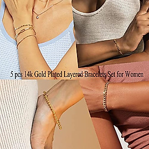 Reoxvo Gold Bracelets Jewelry Gifts Set for Women Fashion Dainty Gold Adjustable Layered Link Chain Bracelet Pack for Women 14K Real Gold Cute 5pcs