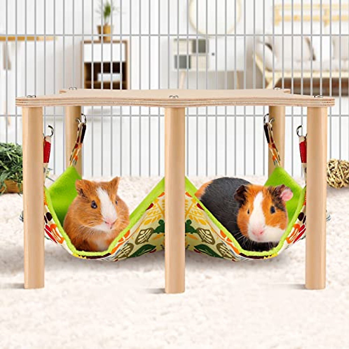 MEWTOGO Guinea Pigs Hammock with Natural Wooden Stand, Safe and Durable Hanging Hammock Bed for Piggies Chinchilla Guinea Pigs Rat Hamster Bunny Ferrets Hiding Sleeping