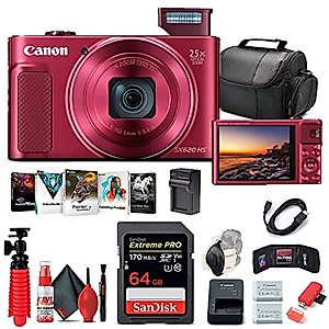 Canon PowerShot SX620 HS Digital Camera (Red) (1073C001), 64GB Card, NB13L Battery, Corel Photo Software, Charger, Card Reader, Soft Bag, Tripod + More (Renewed)