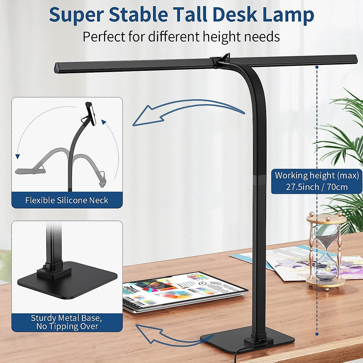 KableRika Desk Lamp, 24W Brightest LED Desk Lamp For Home Office, 31.5" Wide Dimmable Architect Task Lamp With Base,Eye Protection Modern Tall Desk Light For Workbench Office Lighting Computer Working