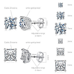 18K White Gold Plated Round Princess Cut Clear Cubic Zirconia Stud Earring of 6 Pairs (6 Pairs)