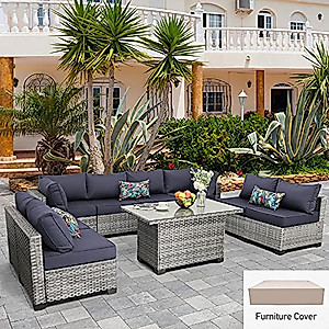 Patio Conversation Set Sectional Sofa 9 Pieces Outdoor Sectional Wicker Furniture Couch Storage Glass Table with Thicken(5") Anti-Slip Navy Blue Cushions Furniture Cover Grey PE Rattan