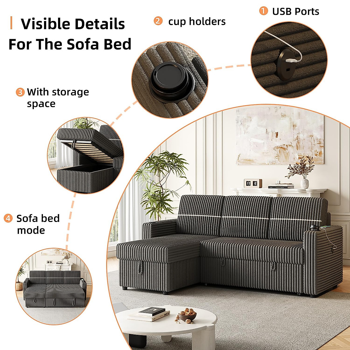 85"Sectional Sleeper Sofa bed,L Shaped Pull Out Couch Bed with USB Port and Cup Holders,Corduroy Modular Sofa with Storage Chaise,Small Couch for Living Room,Apartment,Office (Dark Grey)