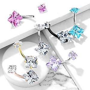 Pierced Owl 14GA Stainless Steel Internally Threaded Double Square CZ Crystal Prong Set Belly Button Ring (Silver Tone/Clear)