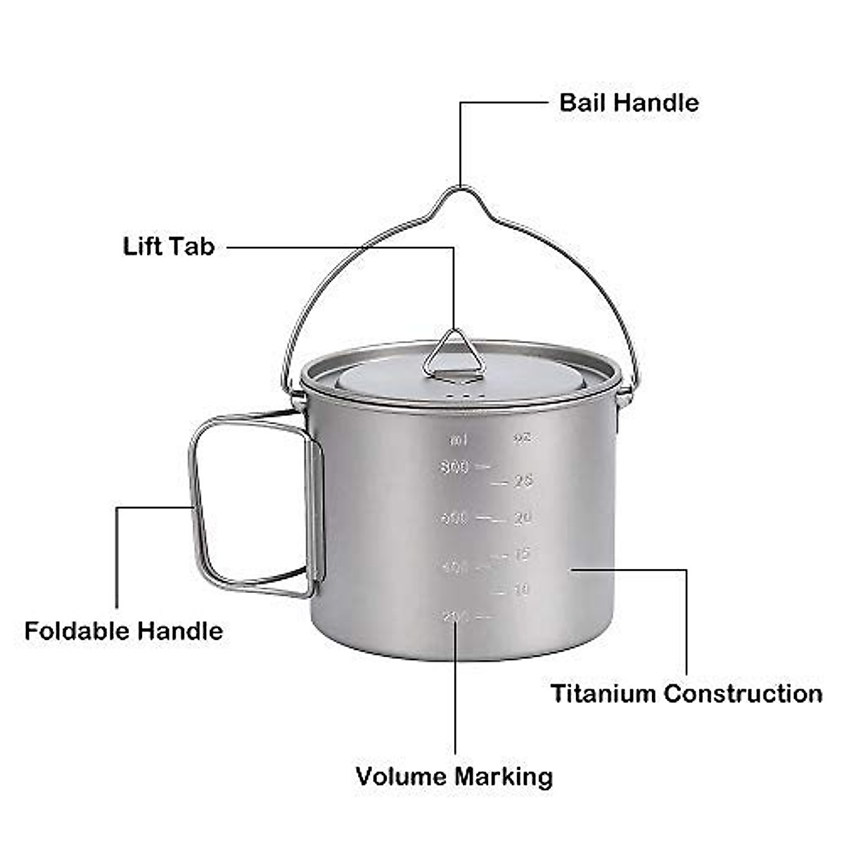 LIXADA 1100ml/2800ml Titanium Pot Ultralight Portable Hanging Pot with Lid and Foldable Handle Outdoor Camping Hiking Backpacking (1100ml)