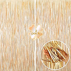 LILF 2 Pack of 3.3ft x 8.3ft Matte Metallic Foil Fringe Curtain for Birthday Party Wedding Bridal Baby Shower Photo Booth Backdrop Christmas Home Decoration Props (Matte Gold)