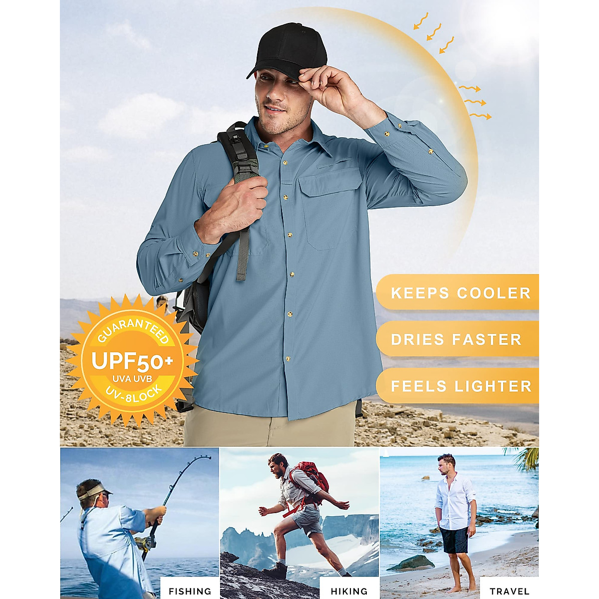 33,000ft Men's Long Sleeve Sun Protection Shirt UPF 50+ UV Quick Dry Cooling Fishing Shirts for Travel Safari Camping Hiking Ocean Blue