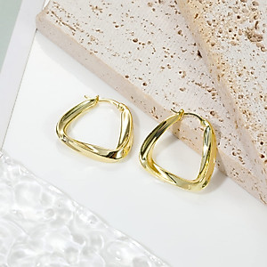 Thick Gold Hoop Earrings for Women,18K Gold Plated Sterling Silver Chunky Hoop Earrings Fashion Geometry Square Earrings Gold Jewelry for Gifts (1-Gold)