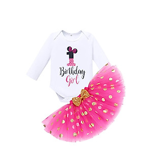 Smash Cake Outfit Girl, Toddler Kids Baby Girls Birthday Princess Outfits Long Sleeve Mini Infant Girl Romper Polka Dots Tutu Dress Bow Headband Party Supplies Hot Pink - 1st birthday girl 1Y
