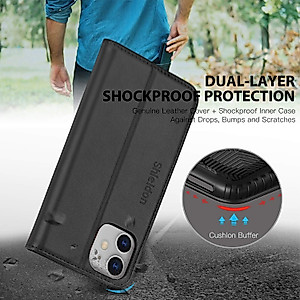 SHIELDON Case for iPhone 11, Genuine Leather Magnetic Wallet Cover Kickstand RFID Blocking Card Slot with TPU Shockproof Protective Cover Compatible with iPhone 11 (6.1 Inch, 2019) - Black