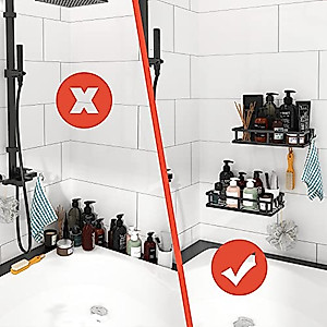 ICEETING Adhesive Shower Caddy, Shower Shelves with Hooks, Shower Organizer, Bathroom Storage Organizer Shelves, Space Saver (Black)