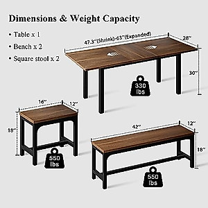 Feonase 5-Piece Dining Table Set for 6-10 People, 63" Large Extendable Kitchen Table Set with 2 Benches and 2 Square Stools, Dining Room Table with MDF Wood Board, Easy Assembly, Walnut