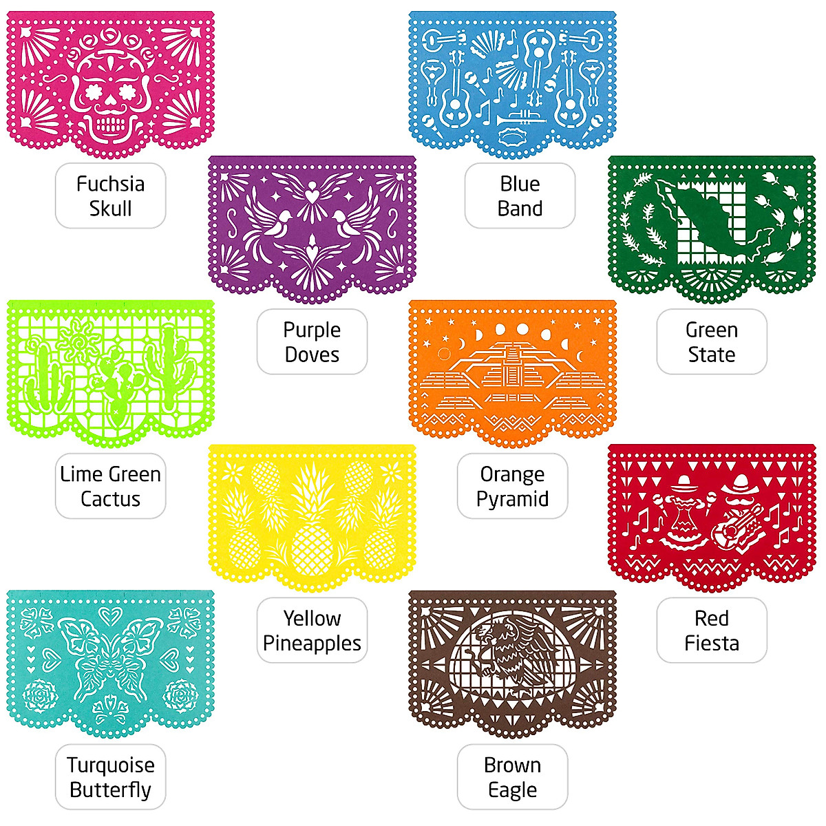 CLOVER CUTS, 50 Multi-Colored Felt Papel Picado Banners, Fiesta Party Decorations, Cinco de Mayo Decorations, Día de Los Muertos Decorations