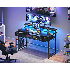 ODK Gaming Desk with Led Lights and Power Outlet, 48 Inch Computer Desk with Drawers and Keyboard Tray, PC Desk with Monitor Stand, Work Desk for Home Office, Black