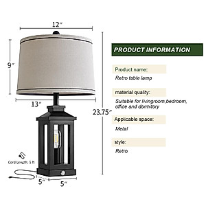 G-SAFAVA 23.75" Retro Farmhouse Black Table Lamp for Living Room Bedroom Nightstand Set of 2 Touch Control Bedside Nightlight Vintage Modern Lamp with USB C+A Ports and 2 Light Sources