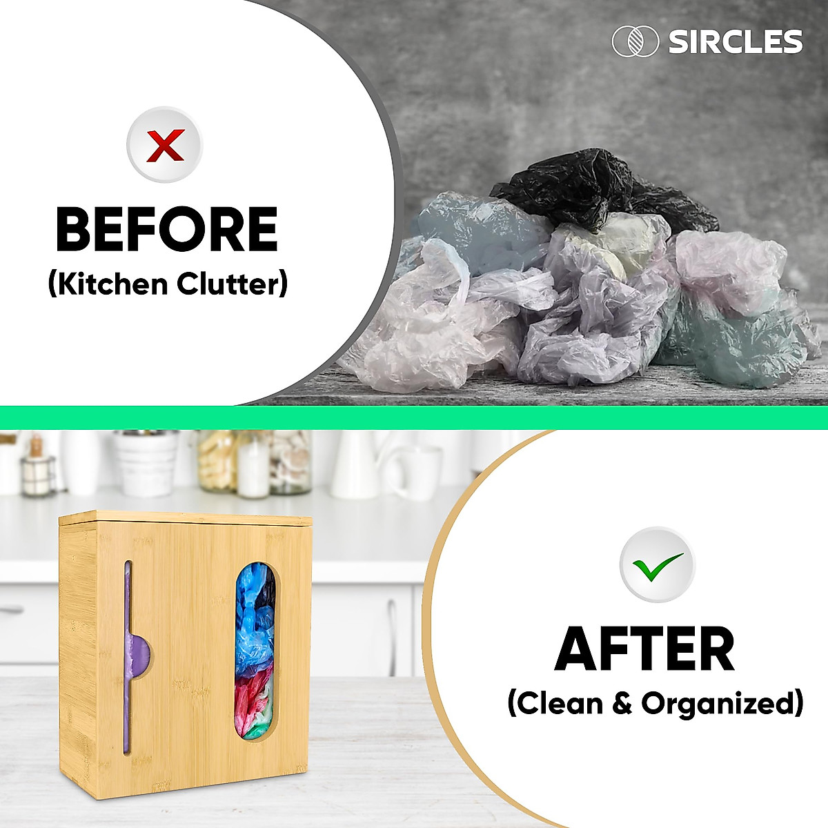 SIRCLES Trash Bag Dispenser Roll Holder - Grocery & Trash Bag Holder & Dispenser Organizer - Garbage Bag Holder with Bracket - Stylish Design - Includes Dispenser, Screws, Anchors & Mini Screwdriver