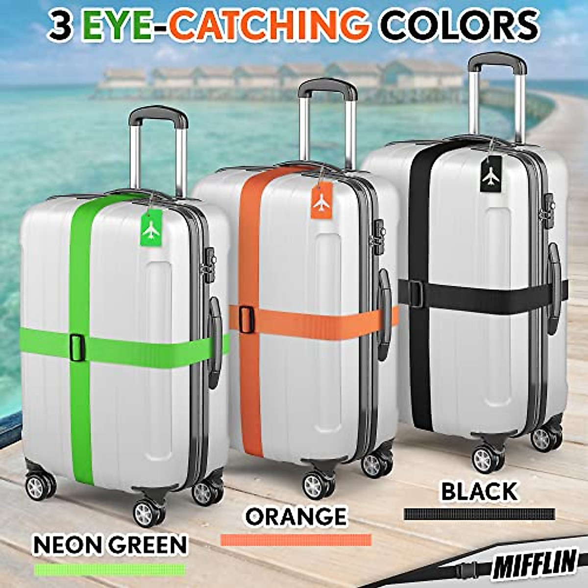 Luggage Straps w/Name Tags (Black, 73.6" Long, 2 Inches Wide, 2 Pack), Adjustable Nylon Belt for Travel Suitcases & Bags by Mifflin-USA