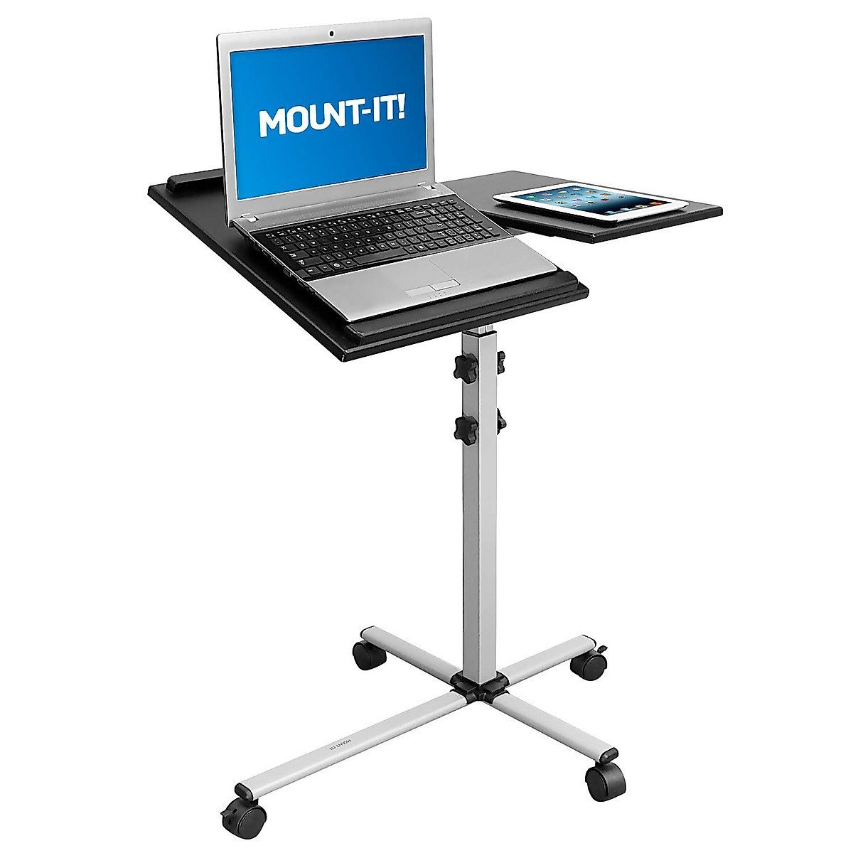 Mount-It! Rolling Laptop Tray and Projector Cart, Height Adjustable Presentation Cart with Wheels | Overbed Table with Tilting Tabletop (MI-7945)