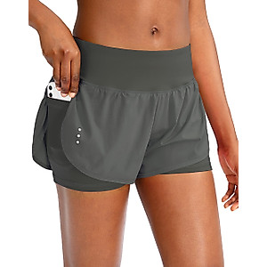 Women's 2 in 1 Running Shorts High Waisted Spandex Shorts Gym Yoga Workout Athletic Shorts for Women with Zipper Pockets(Army Green, XXS)