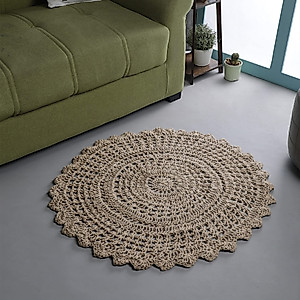 THE BEER VALLEY Jute Crochet Hand Woven Rug, 3' Round - Natural, Anti Slip Handmade Scalloped Small Accent Rugs for Patio, Kitchen Boho Décor - 3 Feet Round