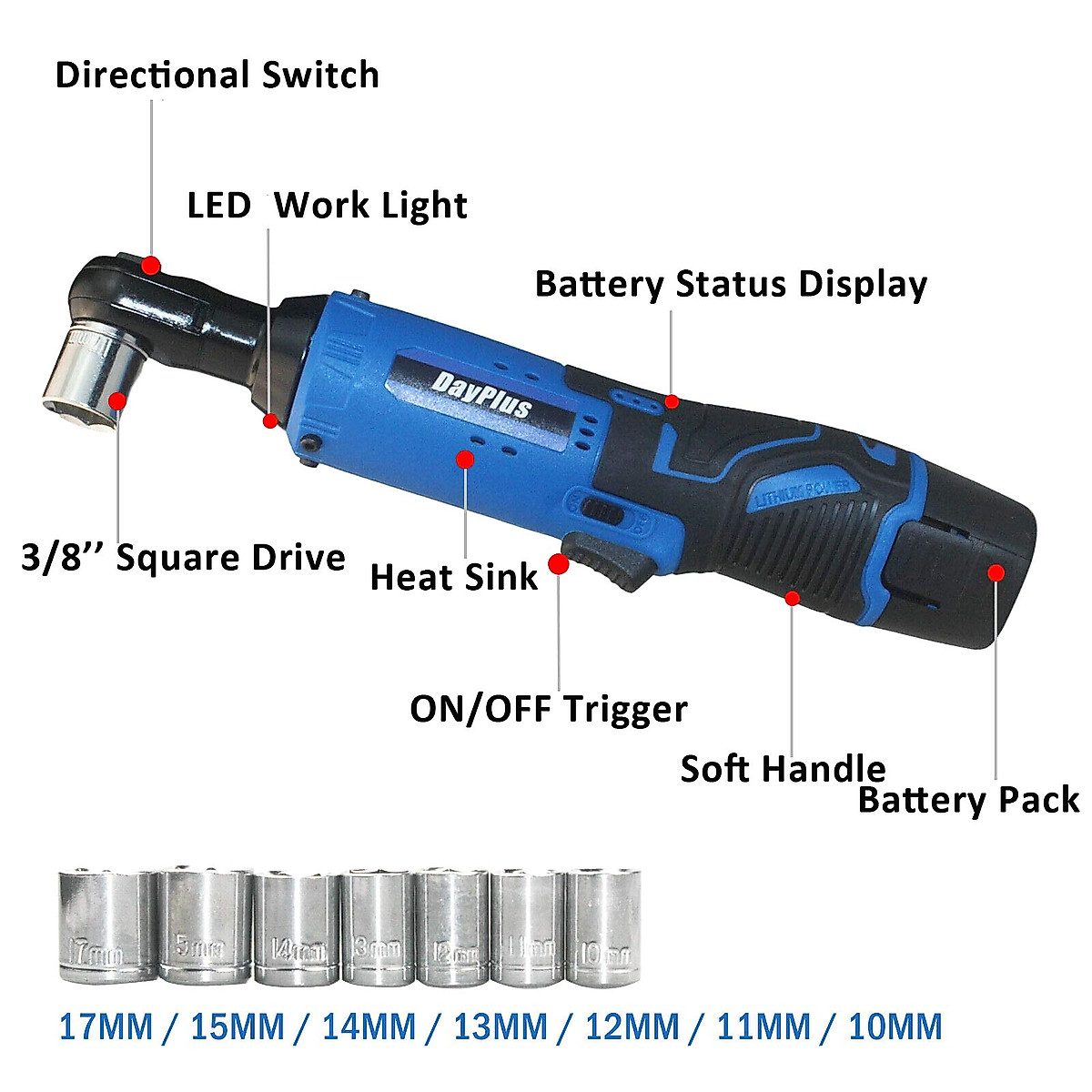 ZhanGe Cordless Ratchet Wrench 3/8 Inch Impact Wrench Electric Cordless Wrench 12V 40Nm 2X Battery+Charger