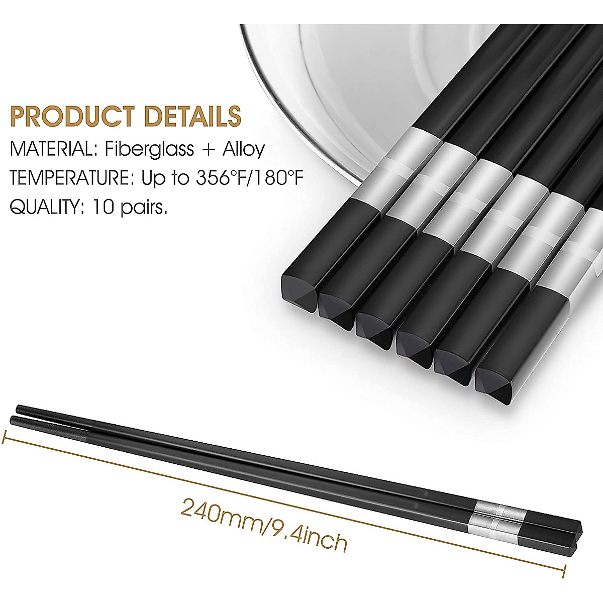 Crownyard -10 Pairs Fiberglass Chopsticks,Reusable Chop sticks Dishwasher Safe, Non-slip, 9 1/2 inch (Simple Silver)