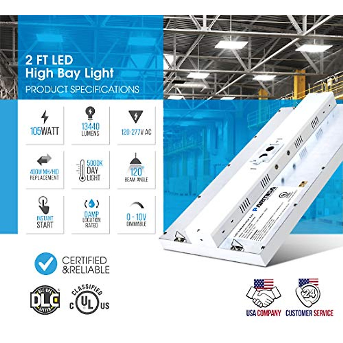 Parmida 2FT LED Linear High Bay Shop Light, 105W, 130LM/W, 0-10V Dimmable, Commercial Industrial Warehouse Area Lighting, 5000K, Hanging Chain Included, UL-Listed & DLC 4.2 Qualified